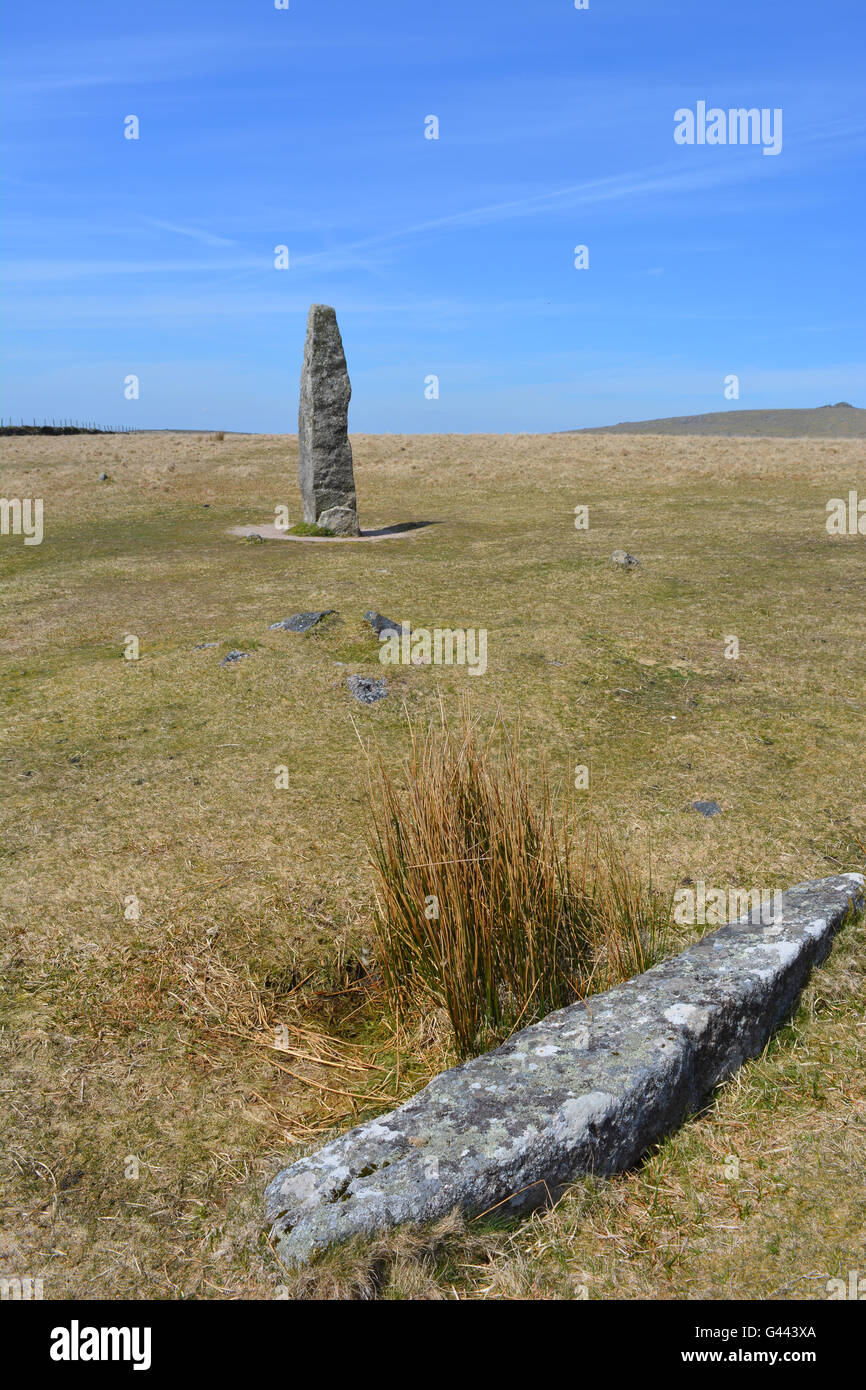 The Merrivale Standing Stone or menhir, with fallen stone in foreground ...