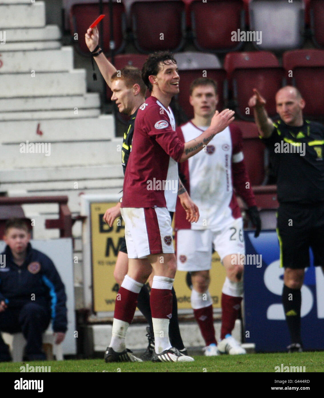 Hearts Ruben Palazuelos is sent off by Referee Calum Murray during the ...