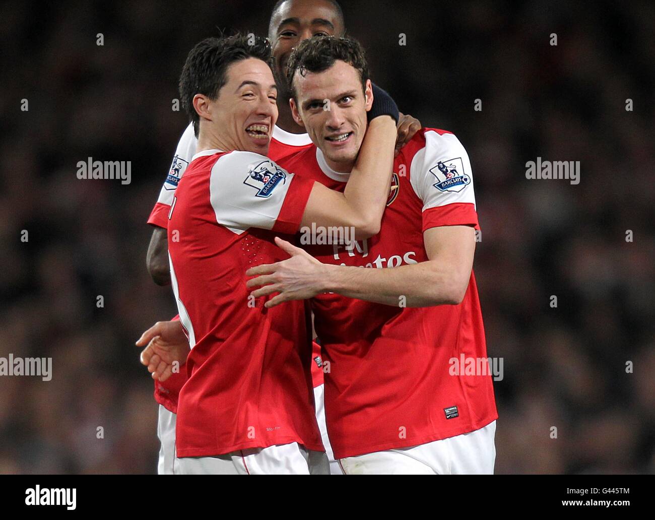 Arsenals sebastien squillaci right celebrates scoring his teams opening ...