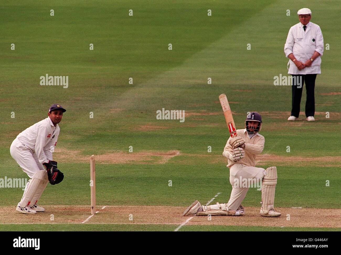 England's wicket keeper Jack Russell who with the assistance of Graham ...