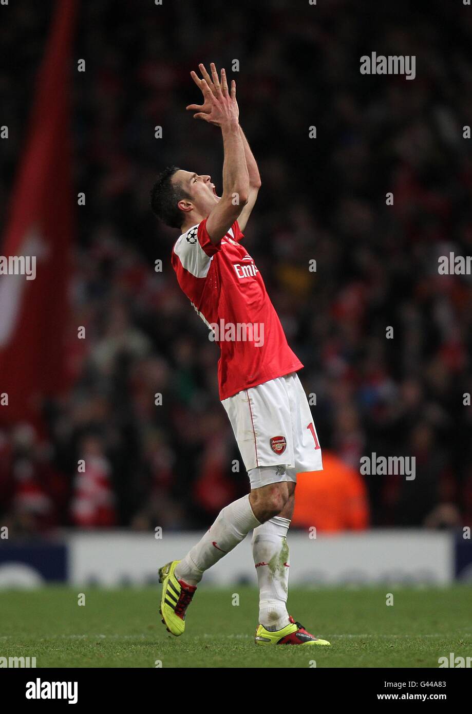 Arsenal's Robin van Persie celebrates scoring their first goal Stock ...
