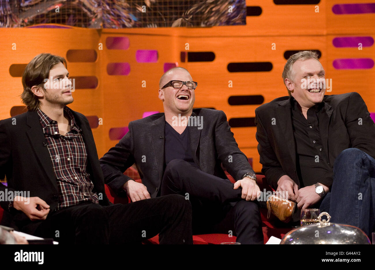 (From left to right) Ashton Kutcher, Heston Blumenthal and Greg Davies ...