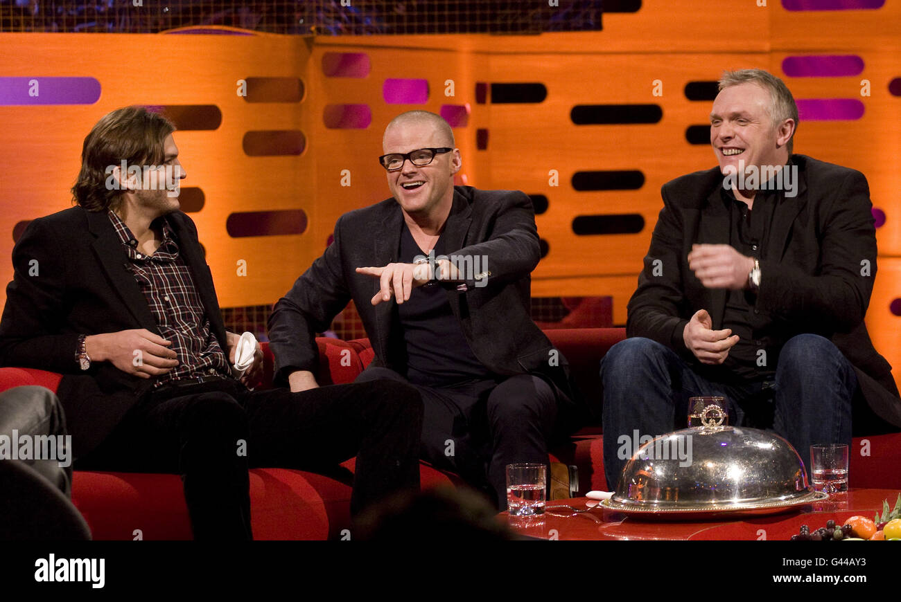 (From left to right) Ashton Kutcher, Heston Blumenthal and Greg Davies ...
