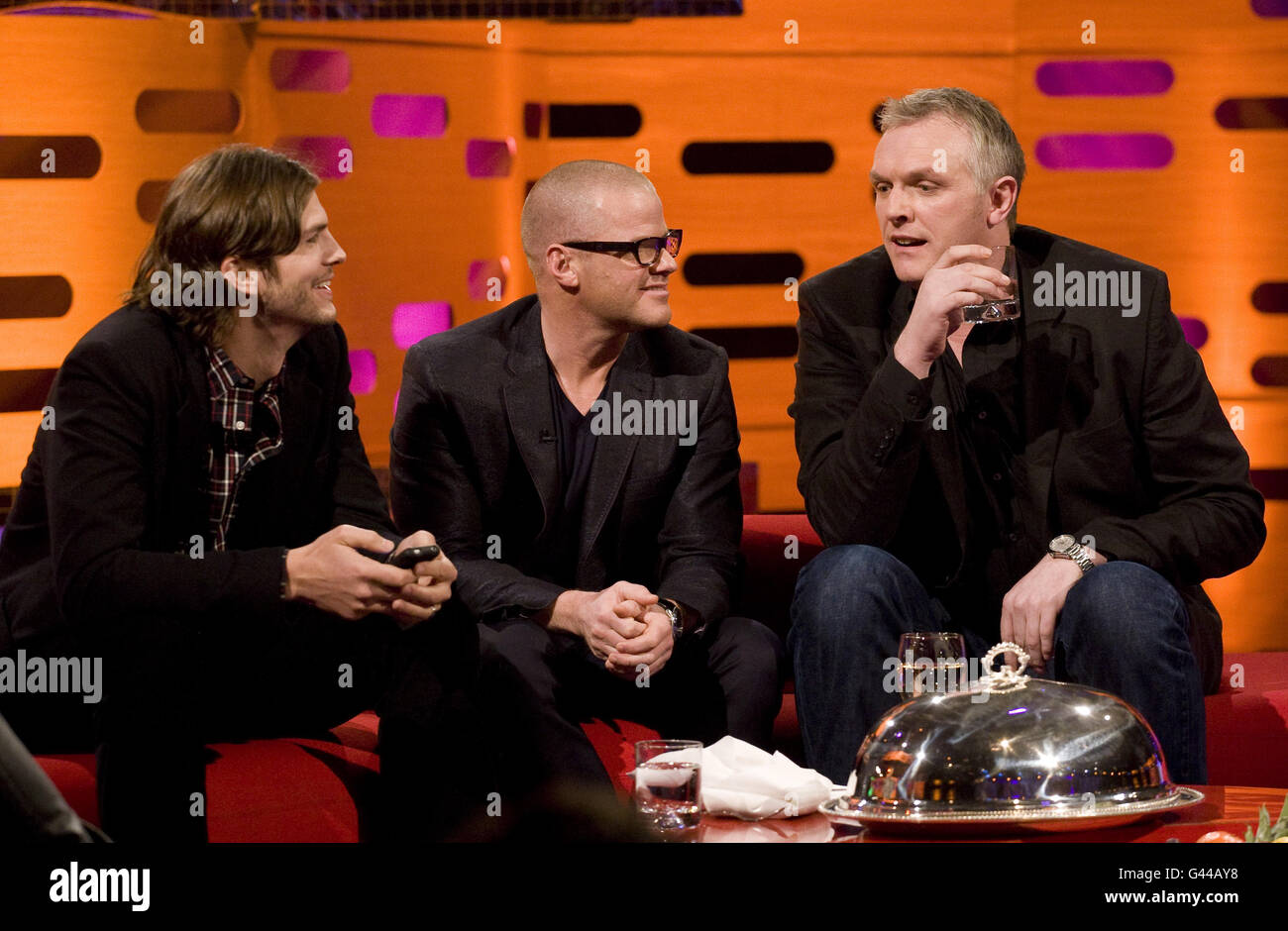 (From left to right) Ashton Kutcher, Heston Blumenthal and Greg Davies ...