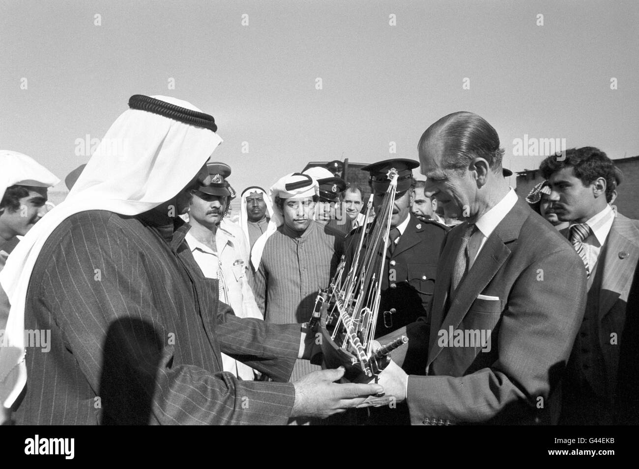 The Duke of Edinburgh receives a model of a Dhow, an Arab fishing boat ...