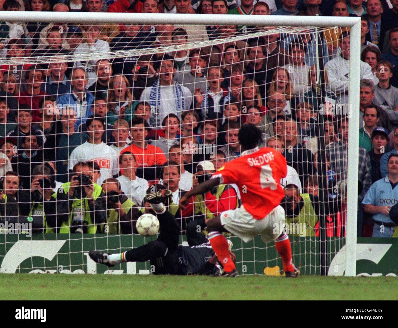 French goalkeeper Bernard Lama stops the penalty shot of Clarence Seedorf of Holland to give ...