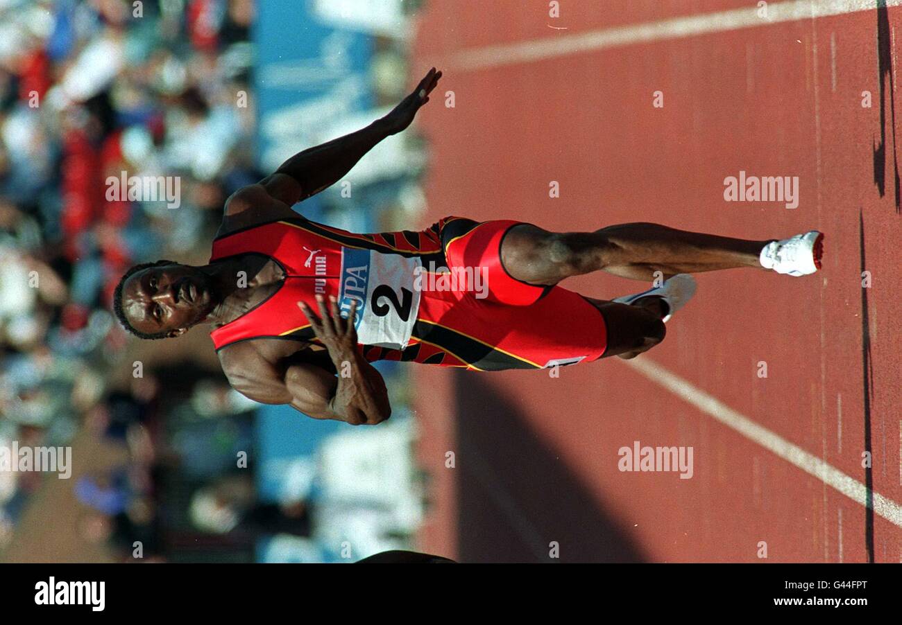 Linford Christie in full flight wins the 100m at the BUPA Games in ...