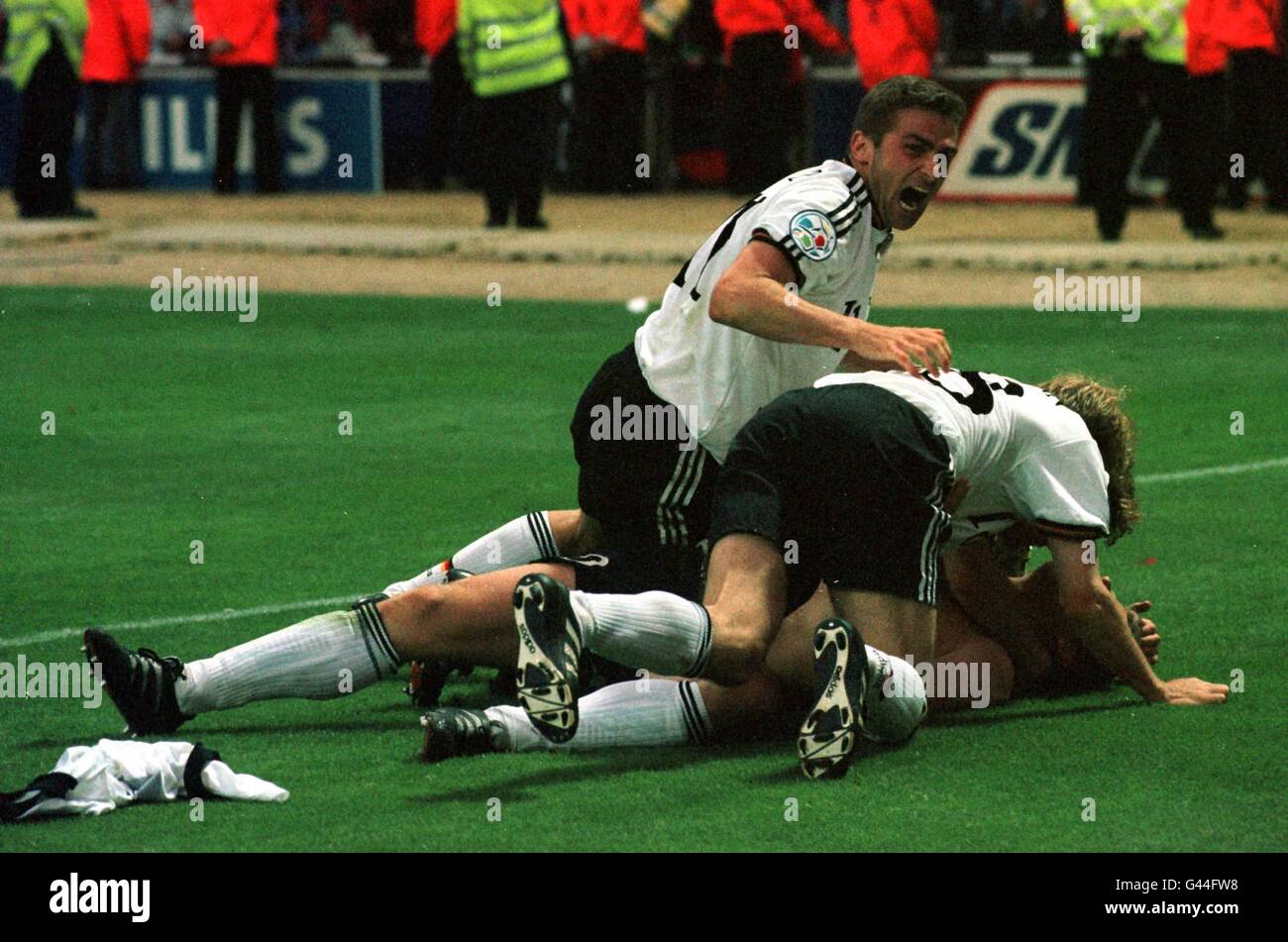 The German team celebrate their 2-1 victory over the Czech Republic in ...