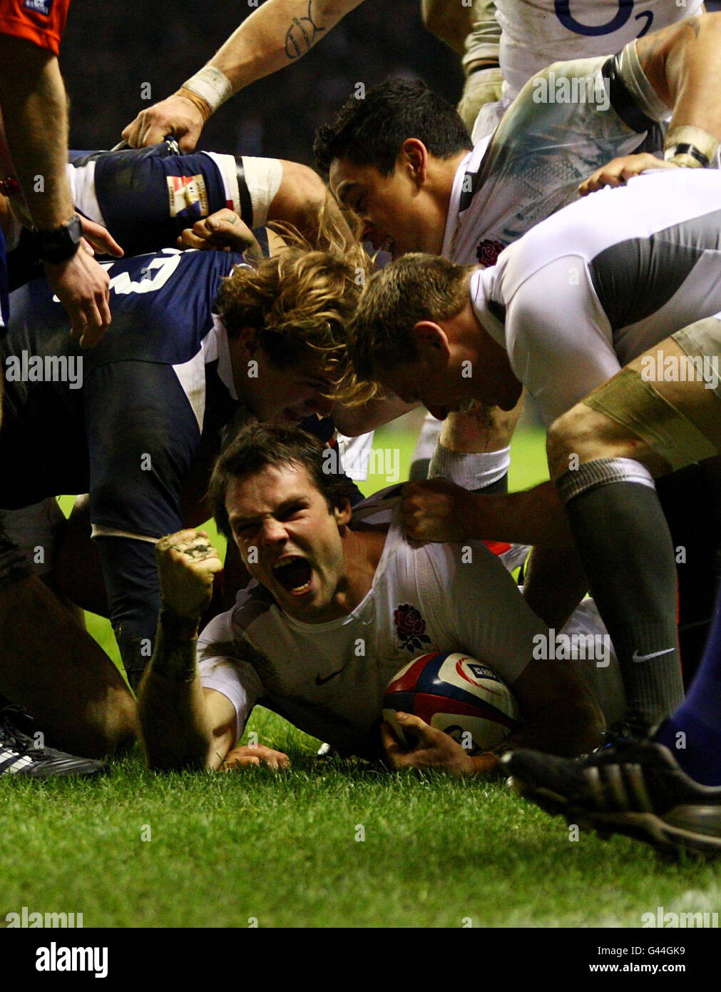 England's Ben Foden celebrates after scoring England's first try during ...