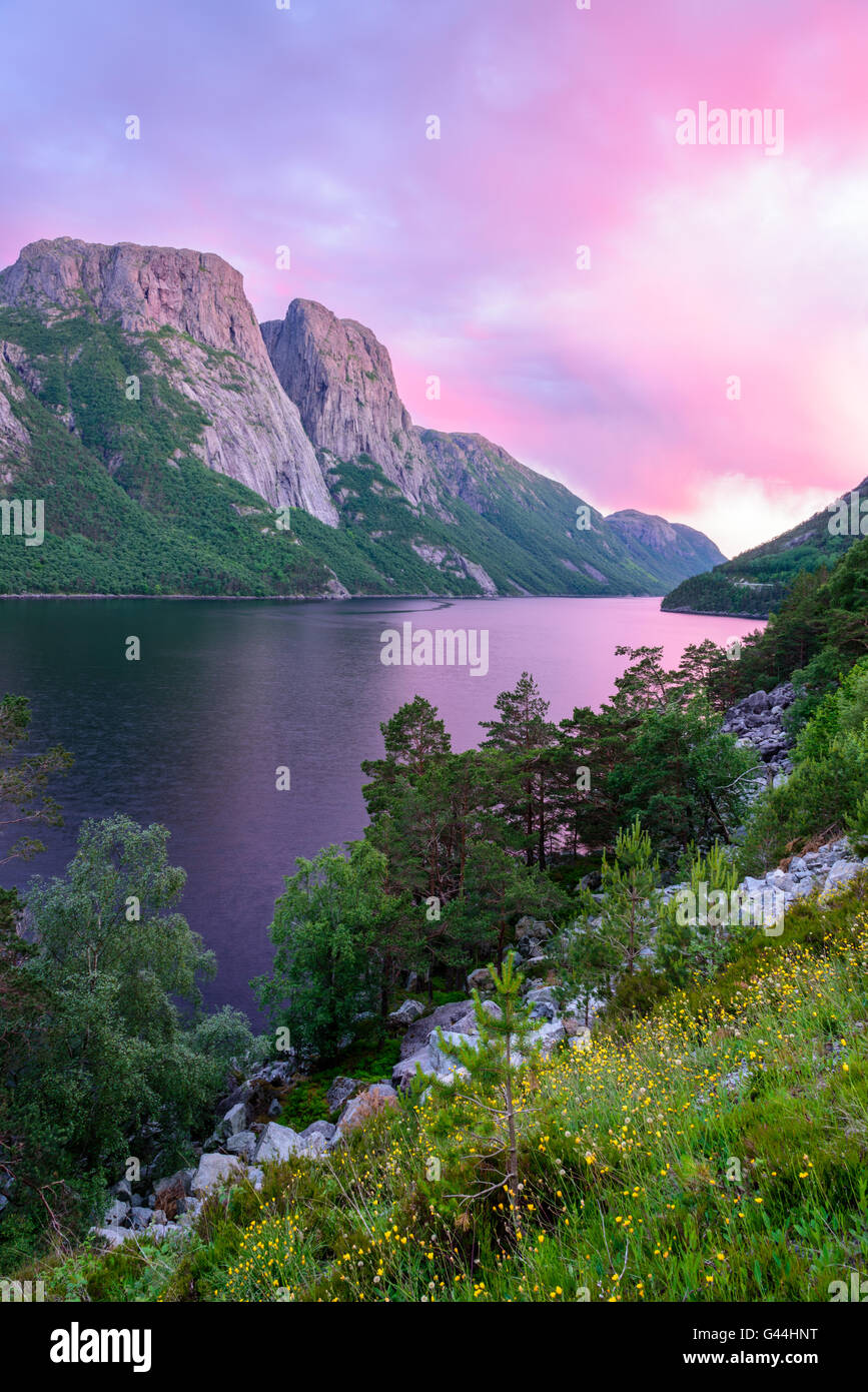 Beautiful pink sunset over Norwegian fjords Stock Photo - Alamy