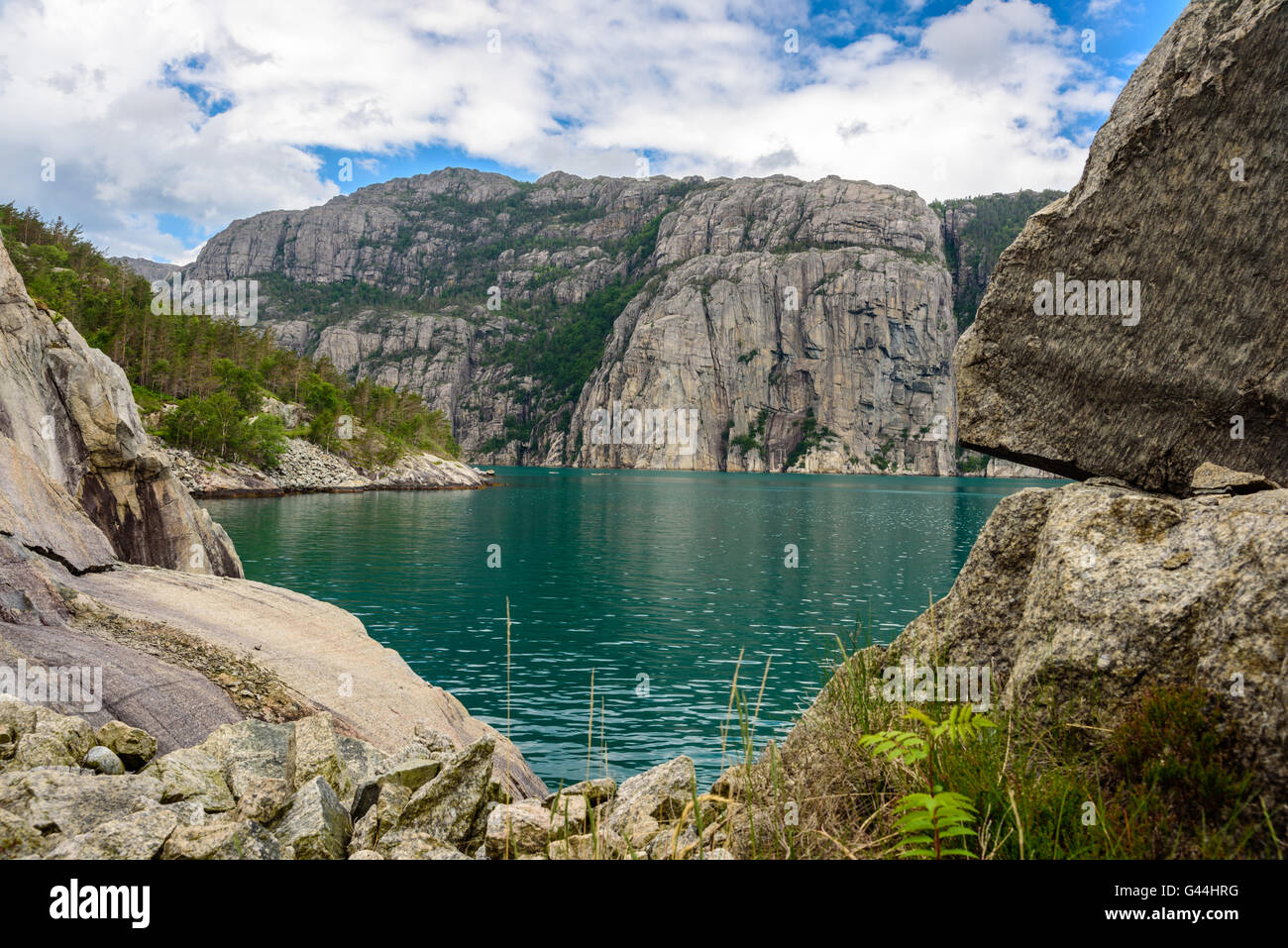 Beautiful panorama of Lysefjord in Norway with clear blue water in the ...