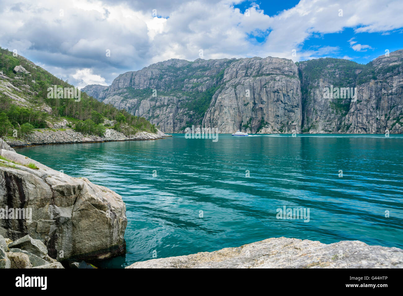 Beautiful panorama of Lysefjord in Norway with clear blue water in the ...