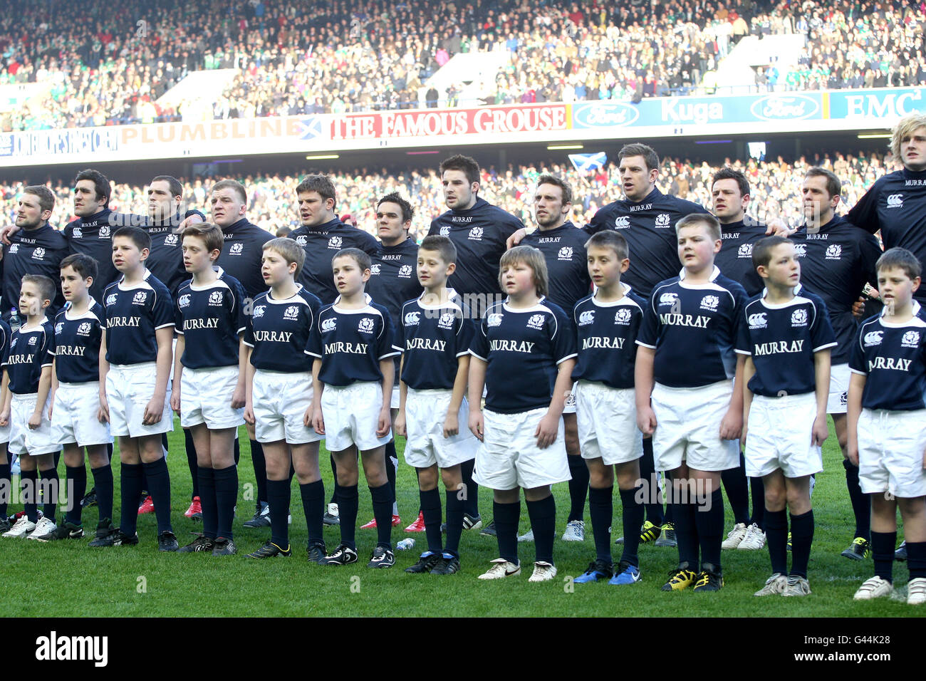 The scotland players mascots line up for the national anthem hi-res ...