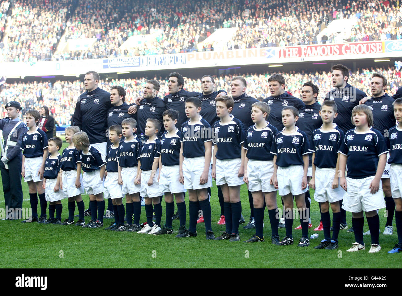 Scotland players and mascots line up for the national anthem Stock ...