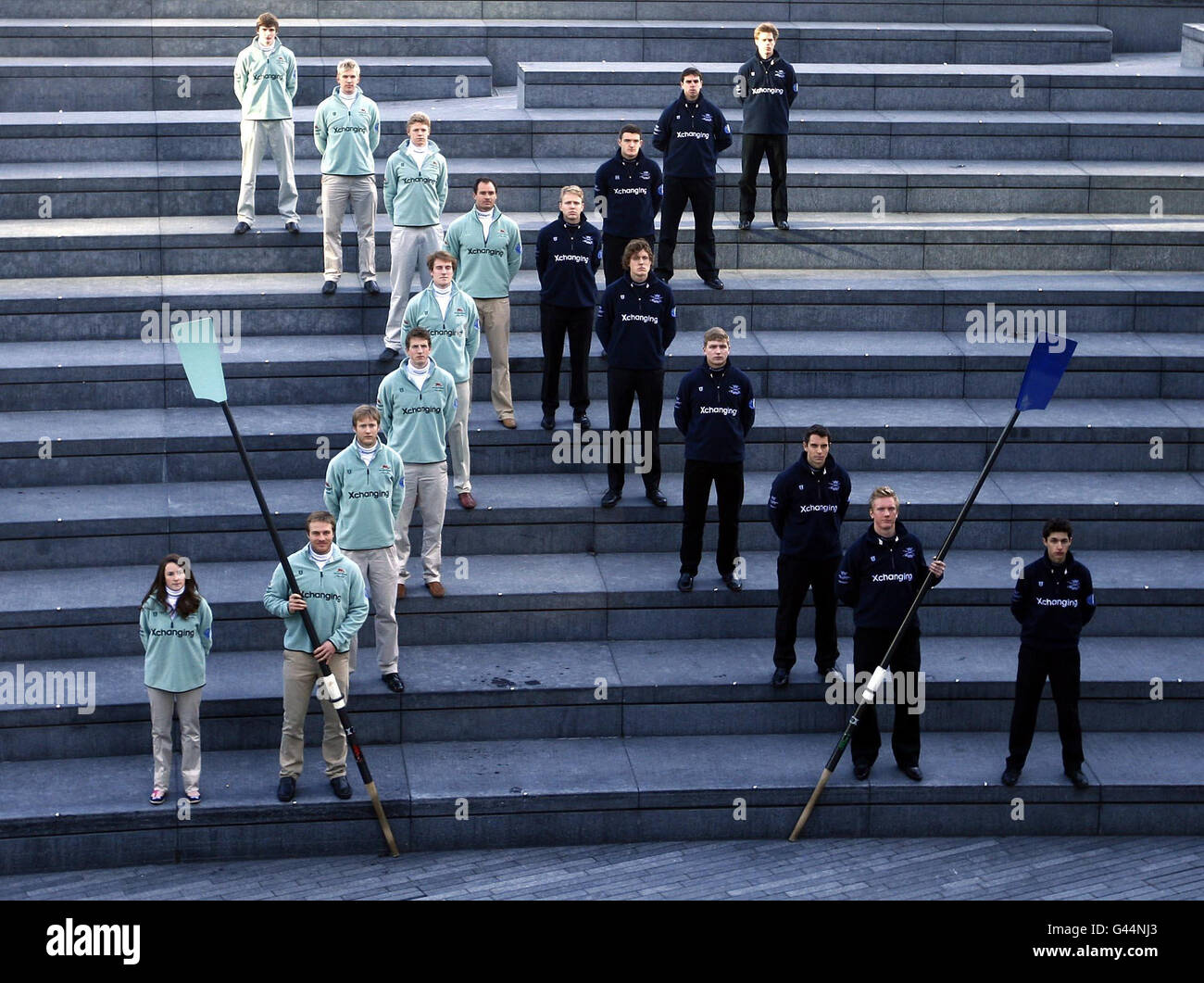 The Oxford (right) and Cambridge crews pose for a photo during the crew ...