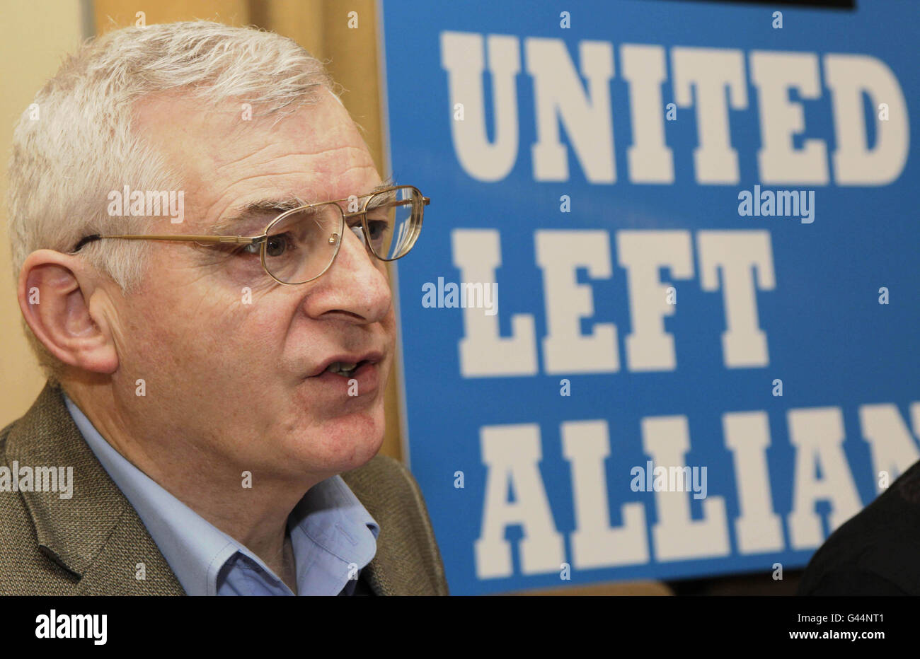 TD Joe Higgins speaking in Buswells Hotel in Dublin, at the United Left ...