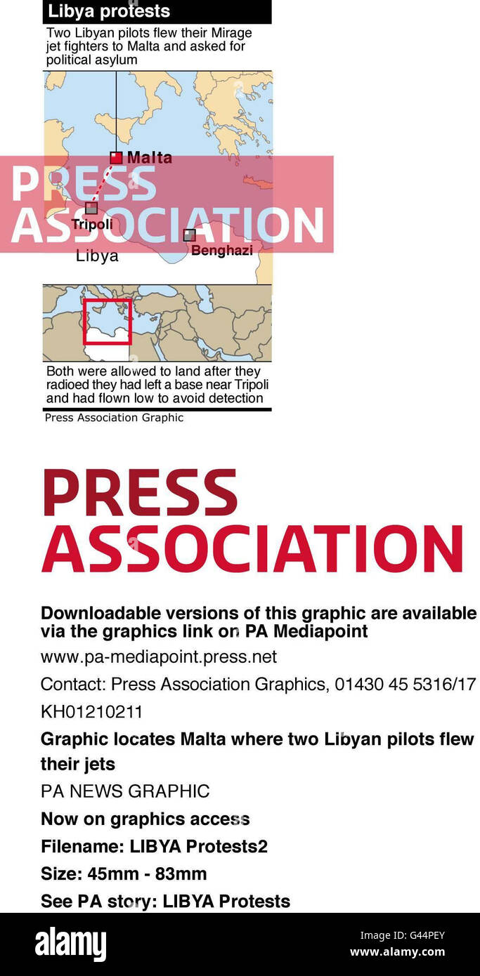 Graphic locates Malta where two Libyan pilots flew their jets Stock ...