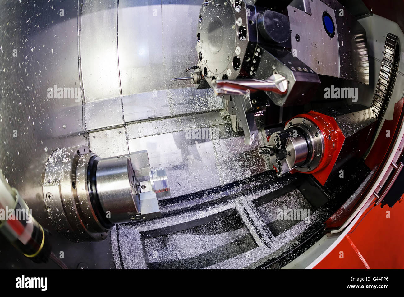 Industrial lathe tool and lathe machine in progress; note shallow depth ...