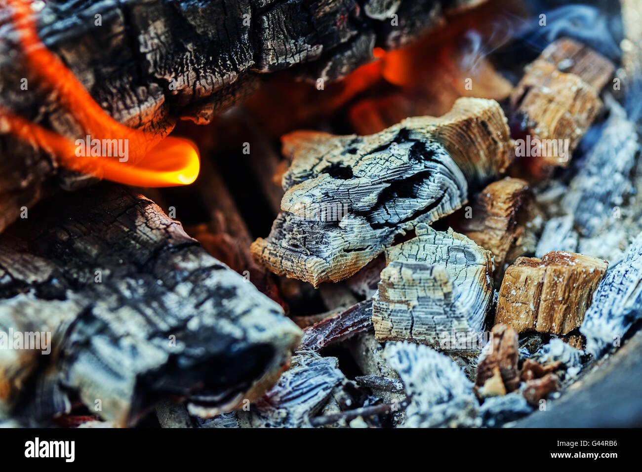 Wood burning with flames, ash and smoke in a barbecue Stock Photo - Alamy
