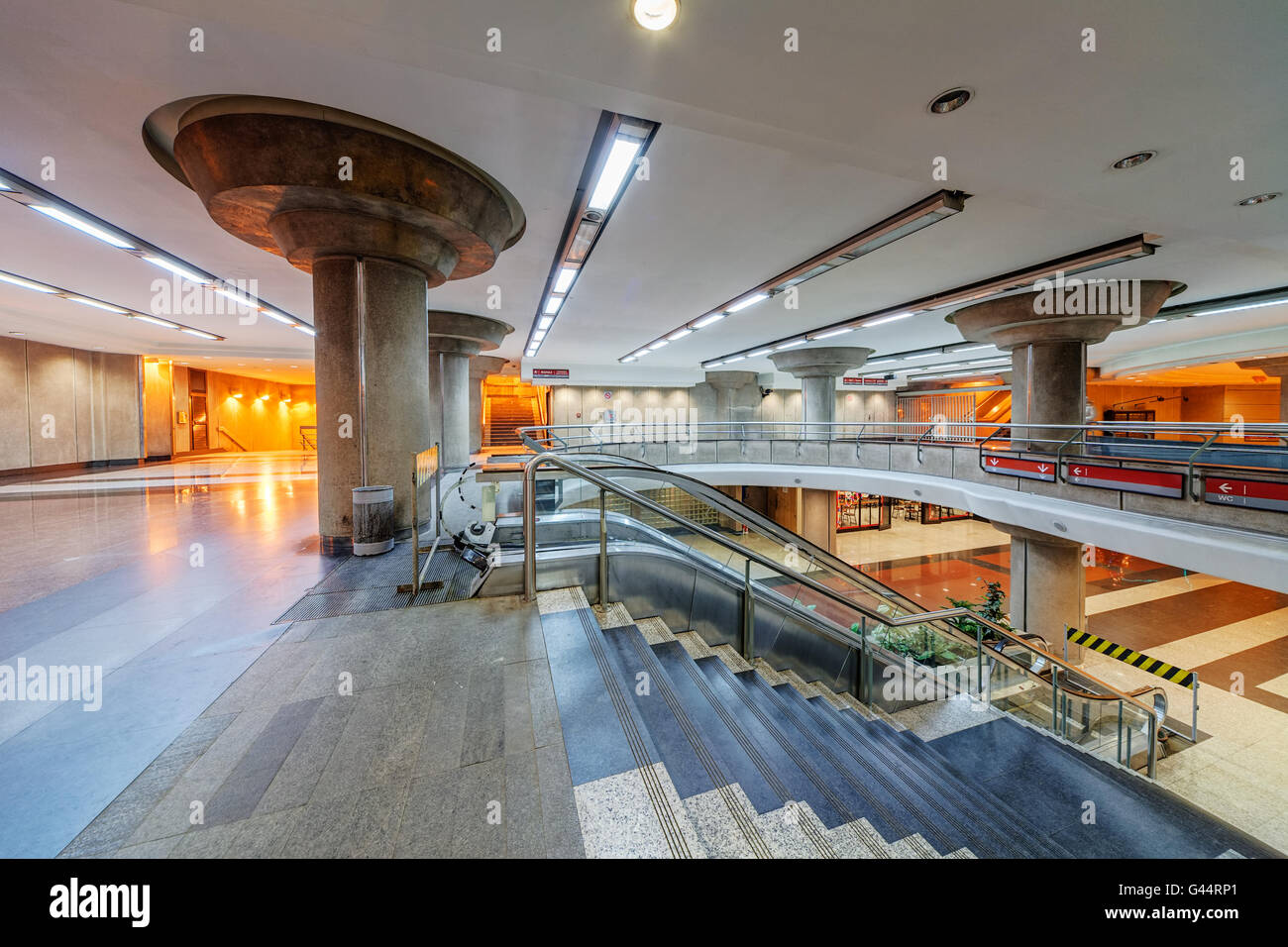 Interior of metro station with marble hall and neon lights Stock Photo ...