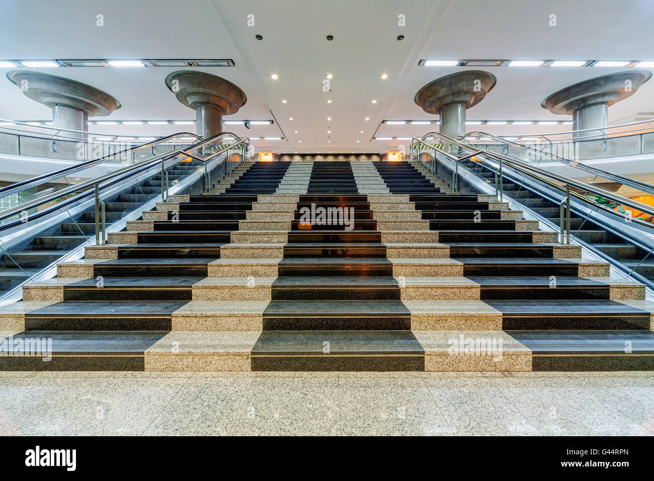 Interior of metro station with marble hall and neon lights Stock Photo ...
