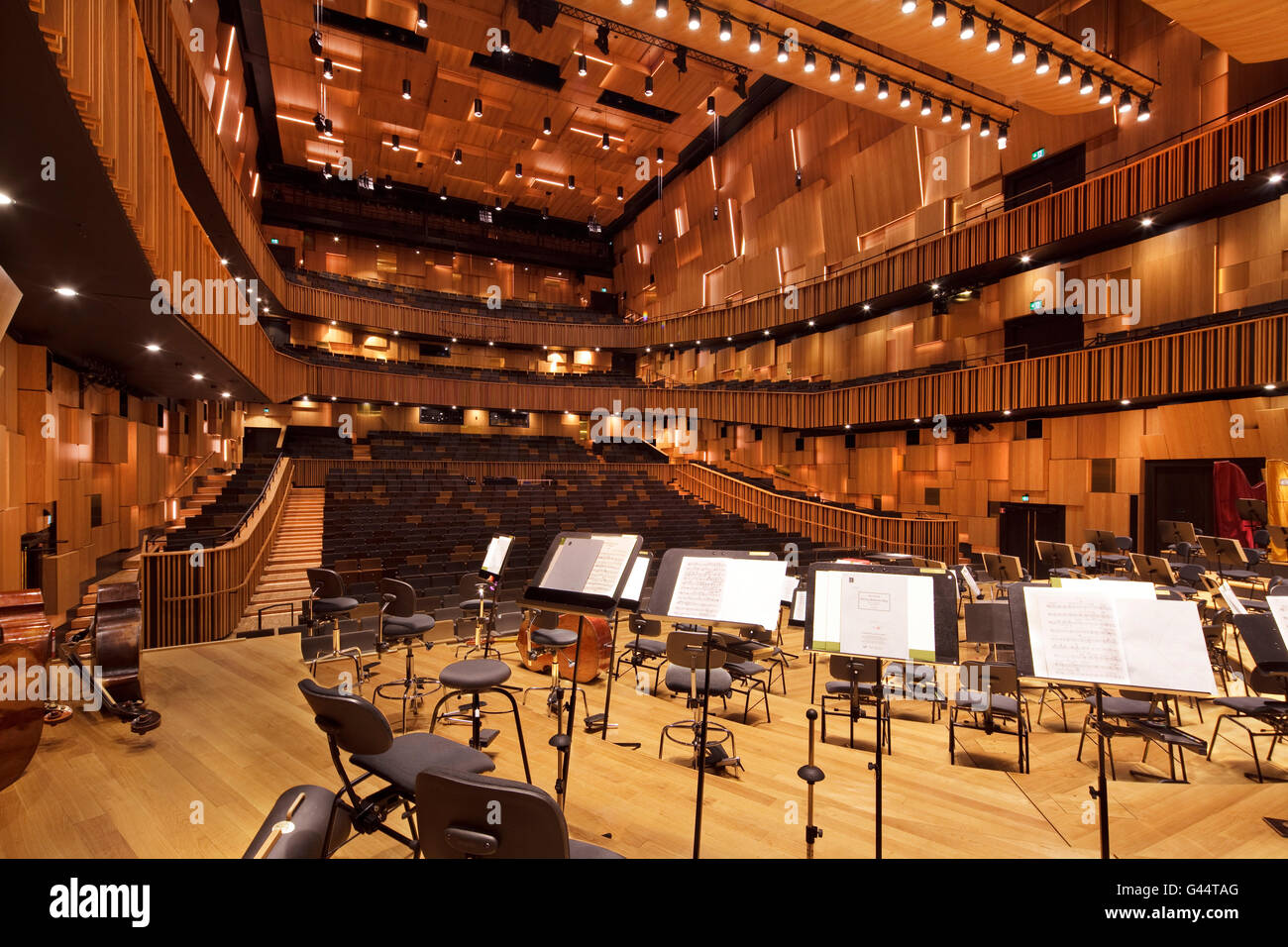 Large Concert Hall seen from the stage, with music stands and ...
