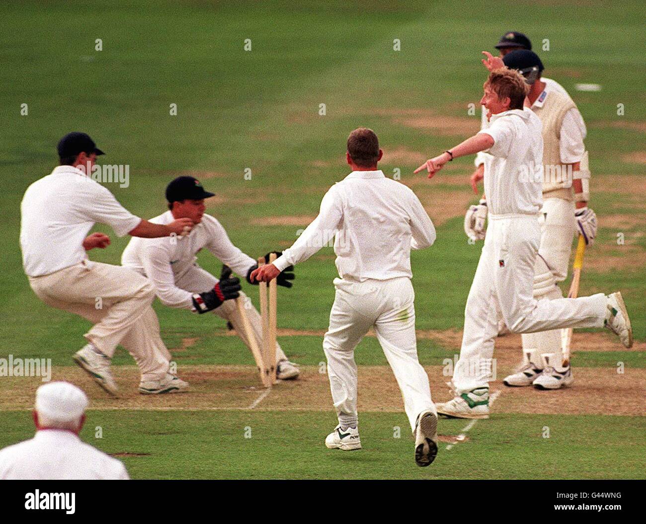 Lancashire bowler Glen Chapple celebrates taking the wicket of Ashley ...