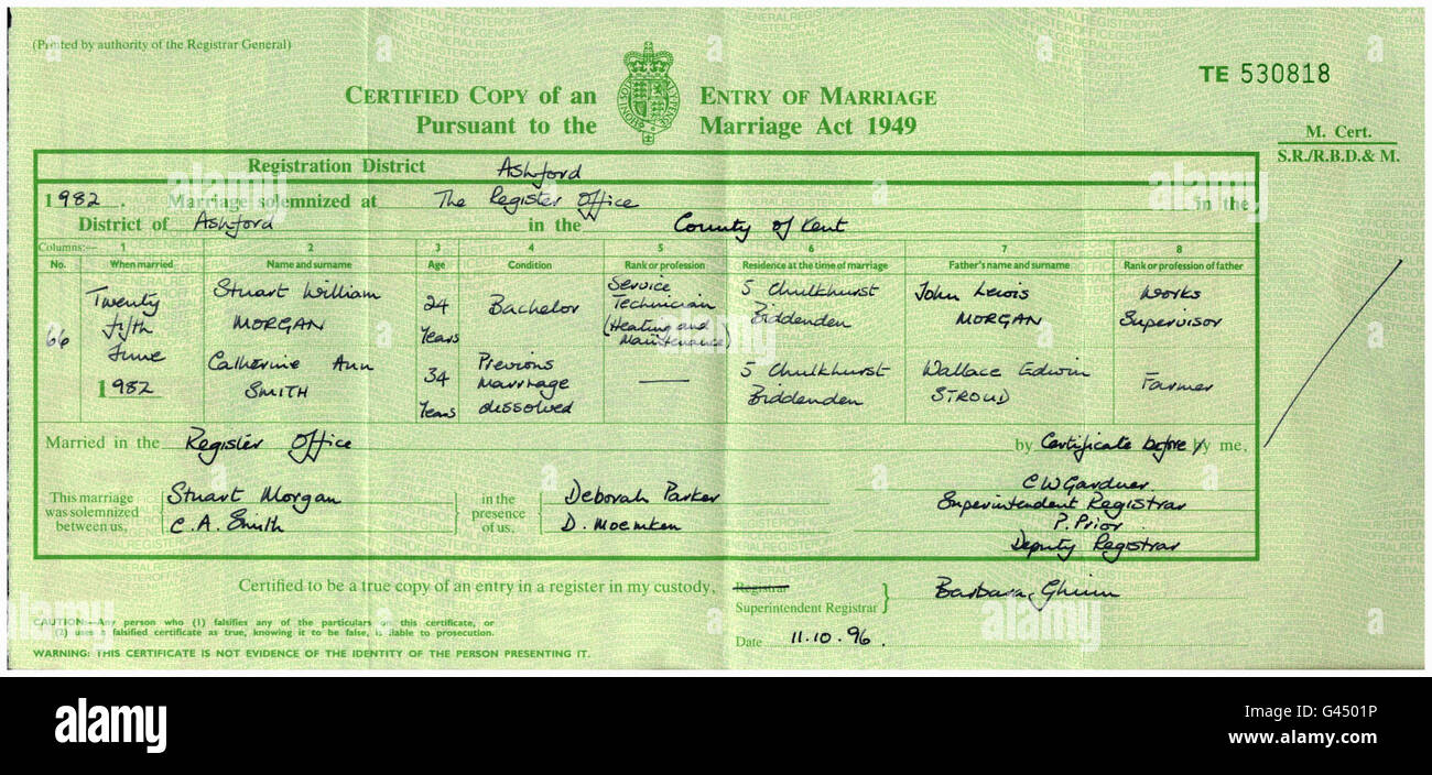 Morgan marriage cert Stock Photo - Alamy