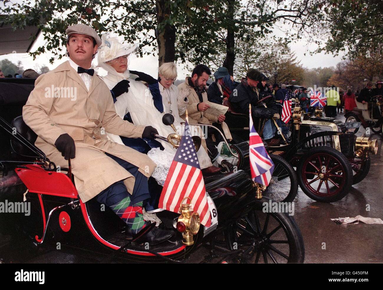 American Samuel Greco in his 1902 Olds Mobile at the start of the 100th ...