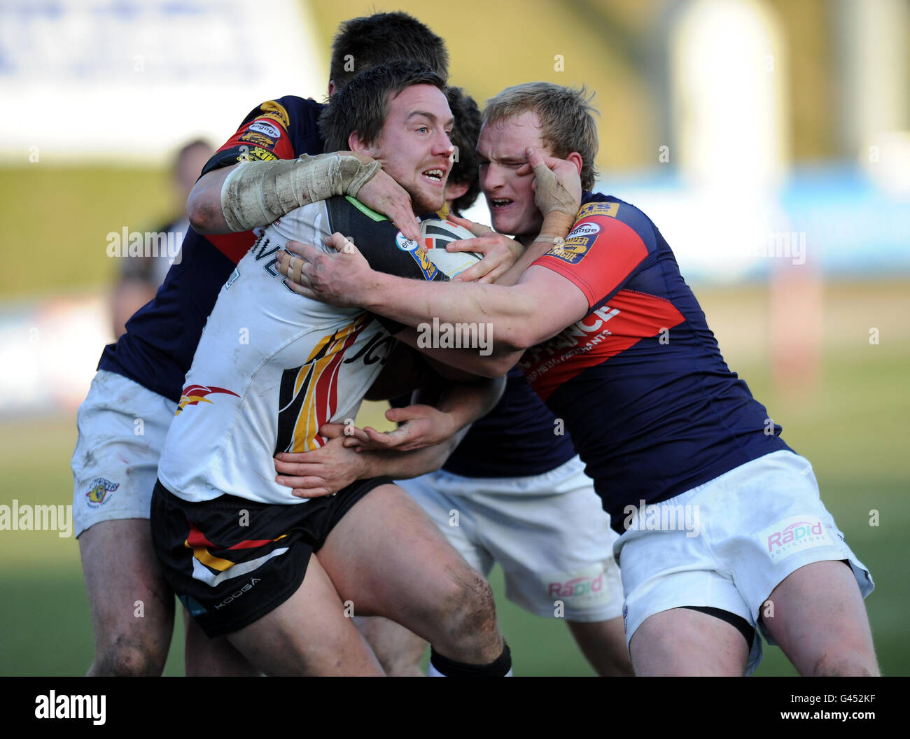 Bradford Bulls' Bryn Hargreaves is tackled by Wakefield Trinity ...