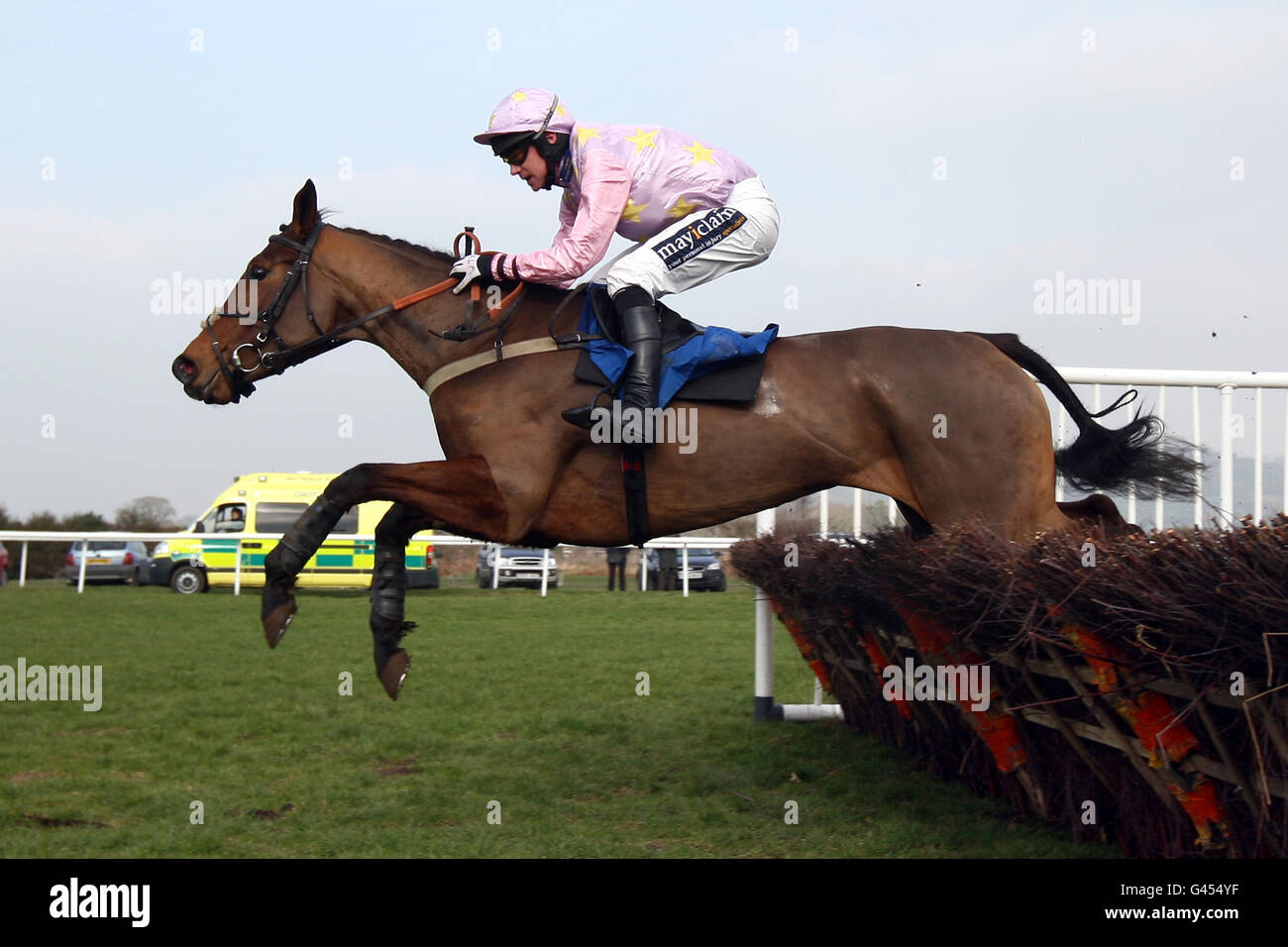 Horse racing races full length jumping jump jumps fence hi-res stock ...