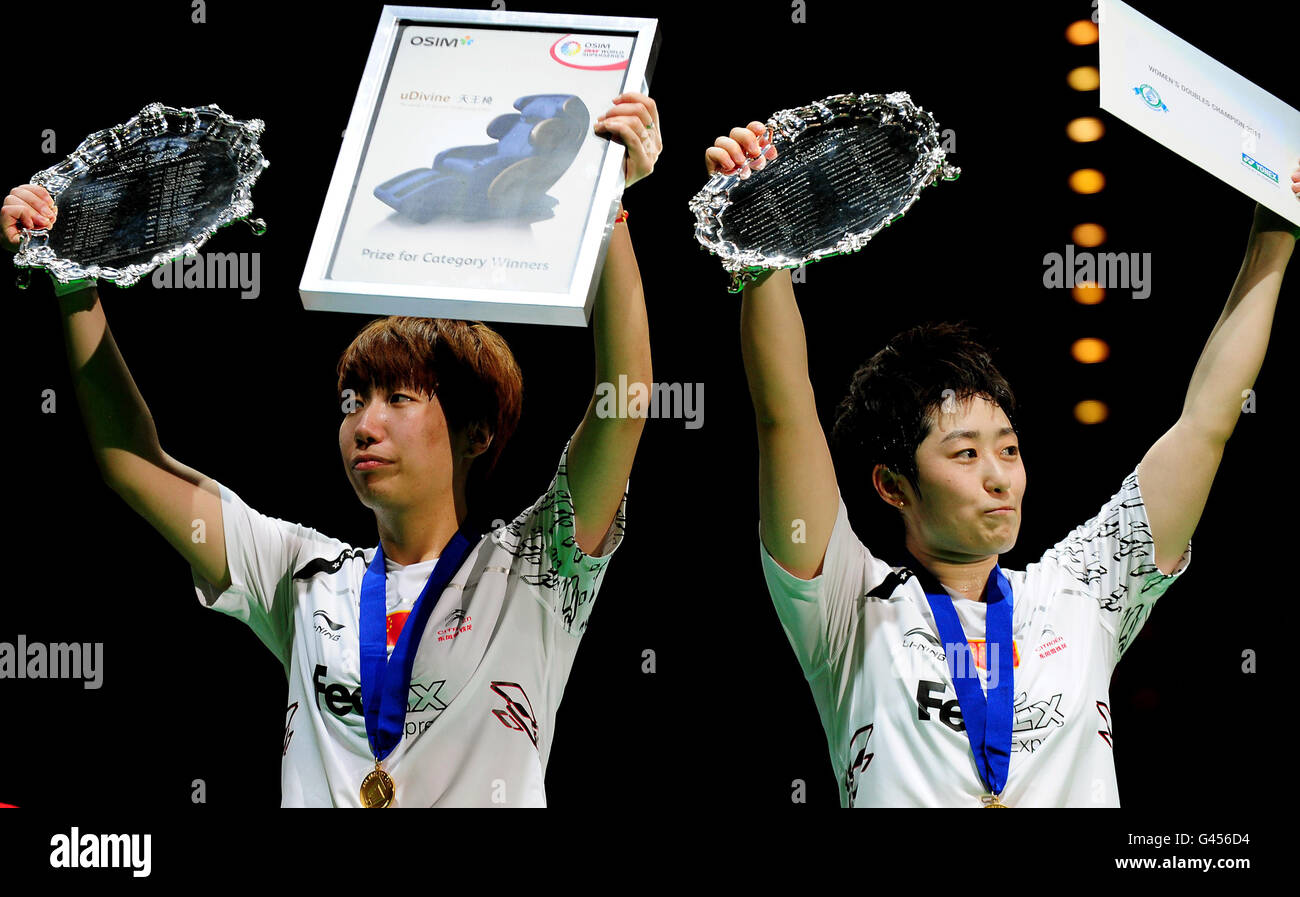 China's Xiaoli Wang (left) and Yang Yu with the trophy after beating Japan's Mizuki Fujii and ...