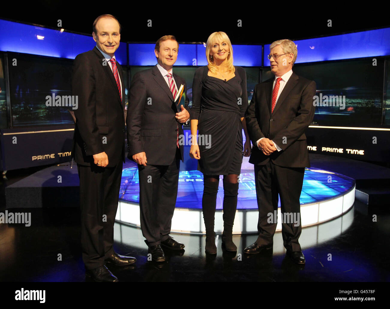Primetme presenter Miriam O'Callaghan with three of the main party ...