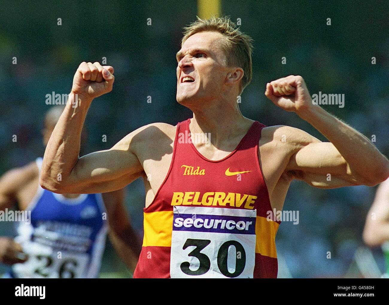John Ridgeon celebrates after winning the 400 mtrs hurdles and ...