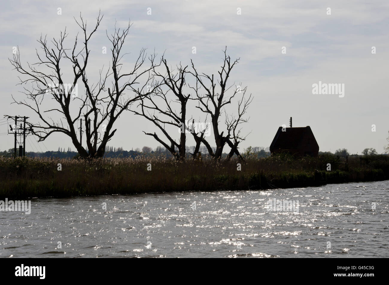 Modern electric pumping station on the Norfolk Broads, East Anglia ...