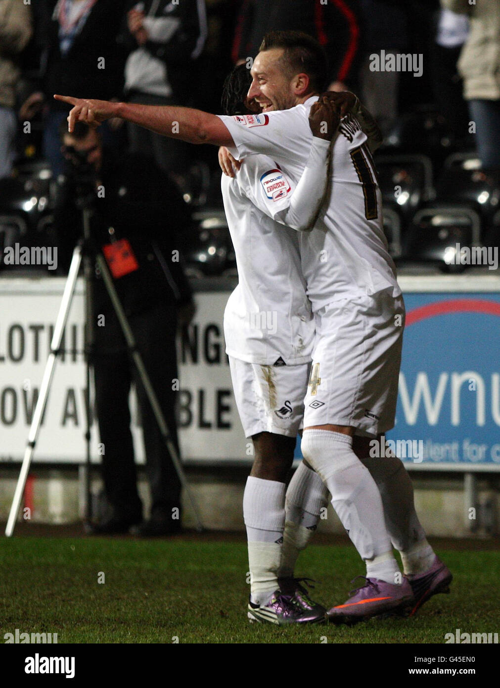 Swansea's Stephen Dobbie celebrates scoring their opening goal with ...