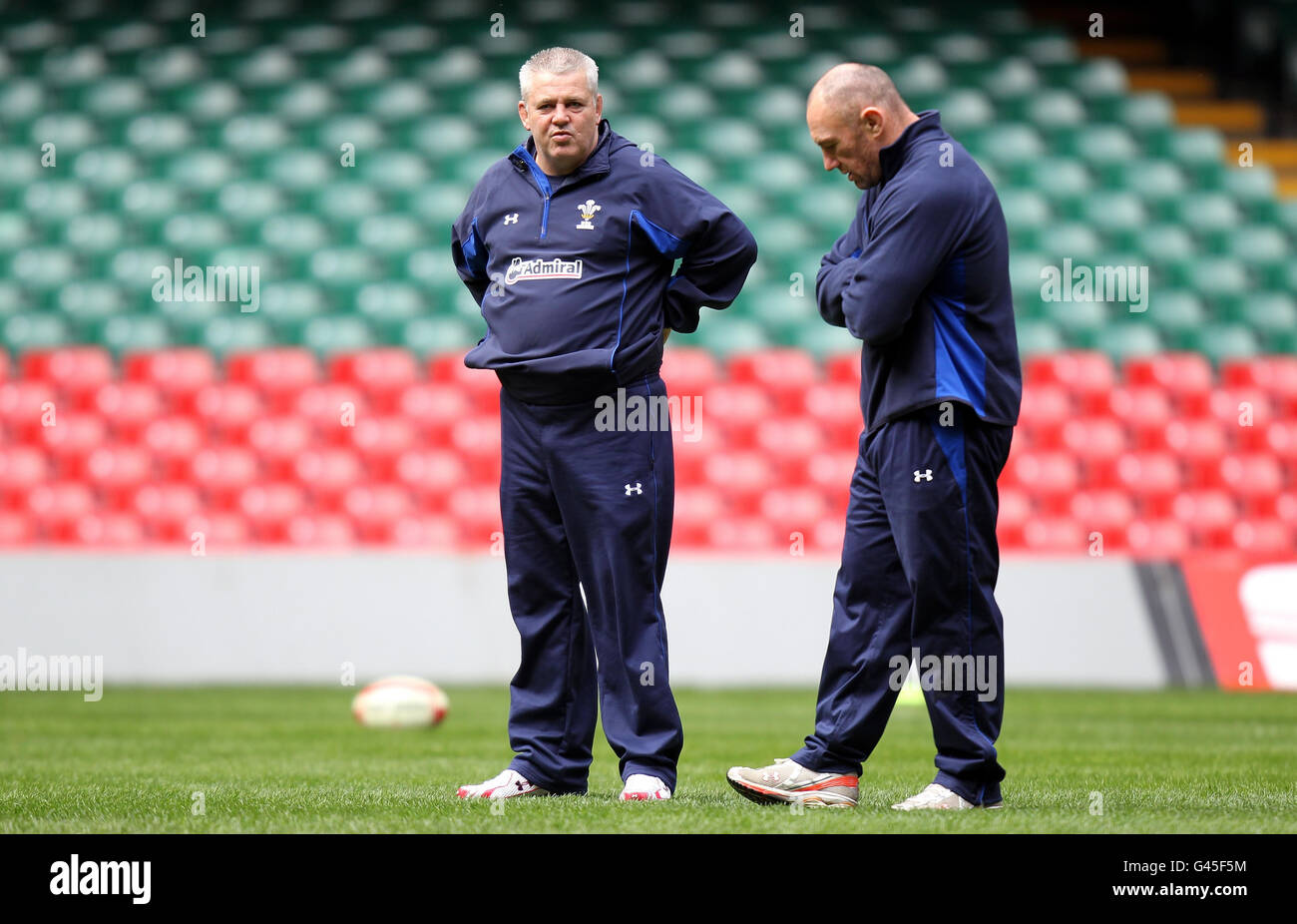 Wales coach Warren Gatland (left) with Robin McBryde during the ...