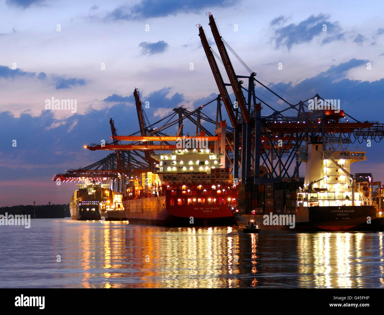 Europe Germany Hamburg Port of Hamburg harbour harbor at dusk Stock ...