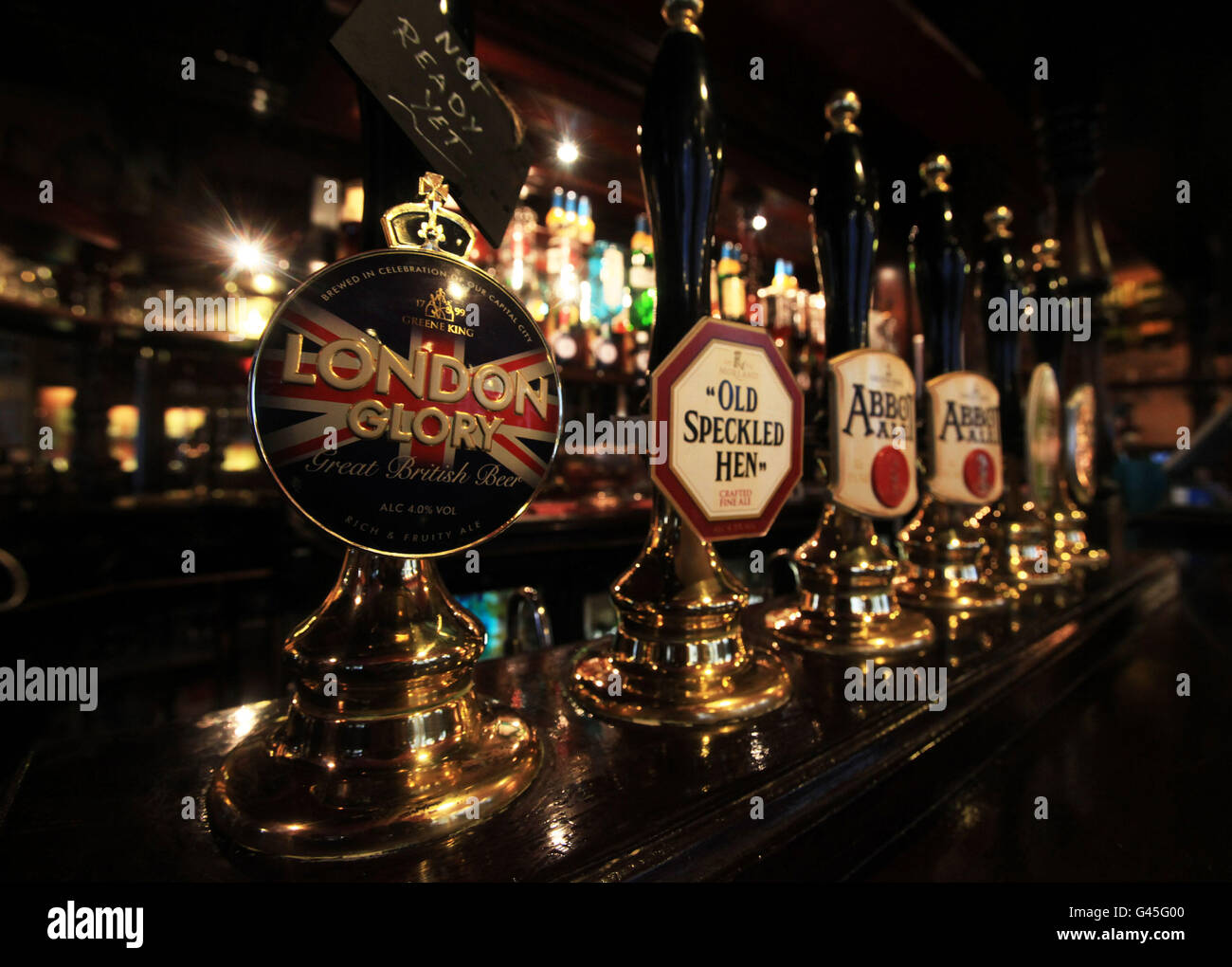 A selection of beers on draught at the bar of The Sherlock Holmes pub ...