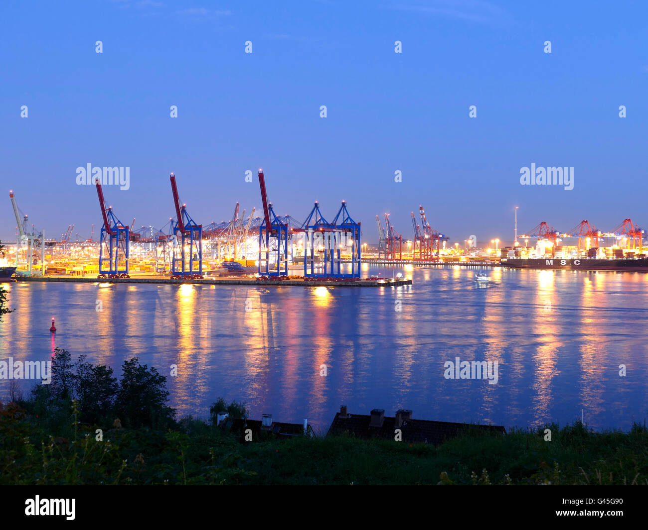 Europe Germany Hamburg Port of Hamburg dock at dusk night Stock Photo ...