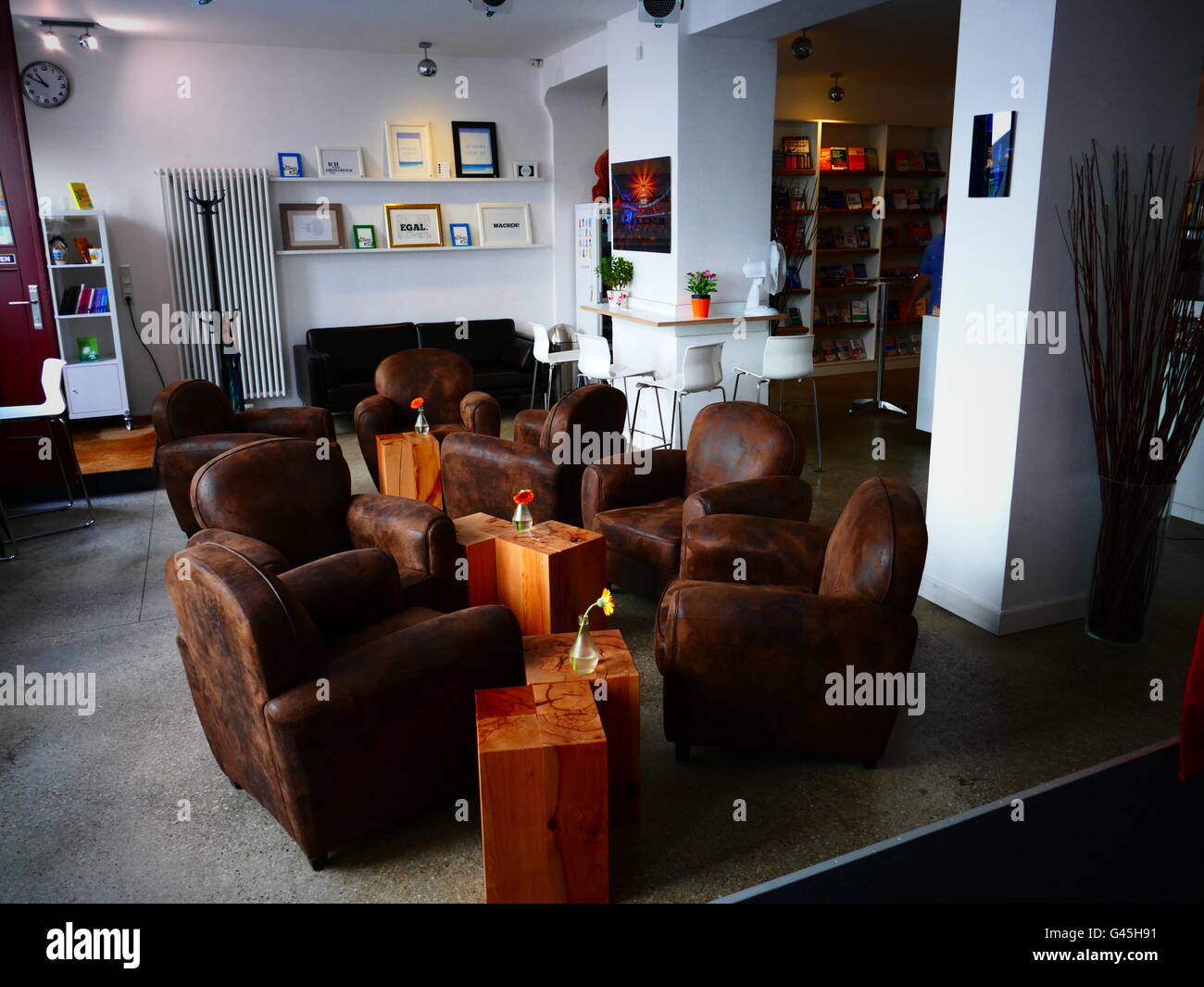 Europe Germany Cologne Koln Koeln leather sofa in coffee shop ...