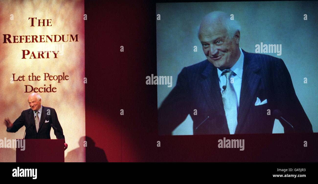 Sir James Goldsmith, leader of The Referendum Party gives his keynote ...