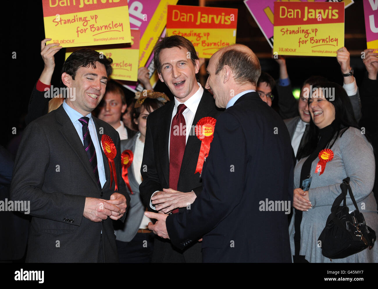 Labour's Dan Jarvis (centre) celebrates his victory with MPs Andy ...