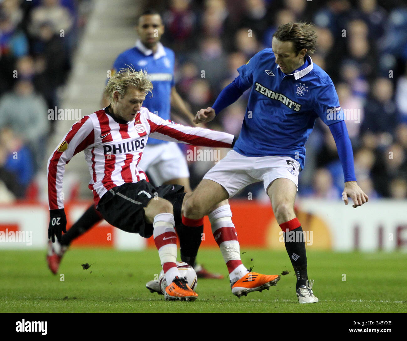 Rangers' Sasa Papic (right) and PSV Eindhoven's Ola Toivonen battle for ...