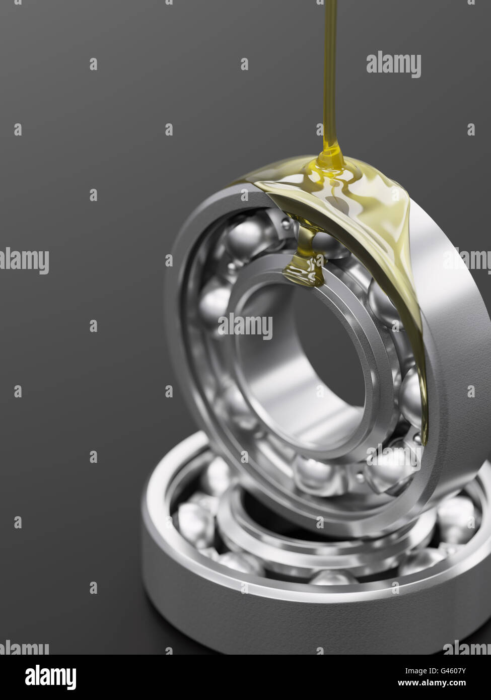 Oiling ball bearing close-up on grey glossy background 3d illustration ...