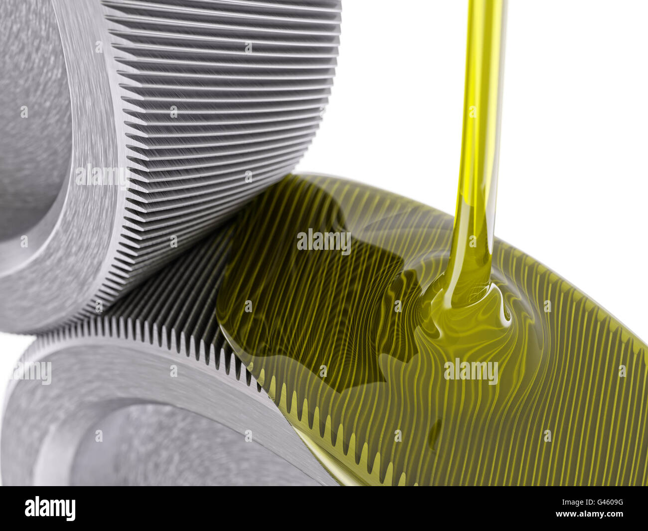Oiling gears concept isolated on white background close-up 3d ...