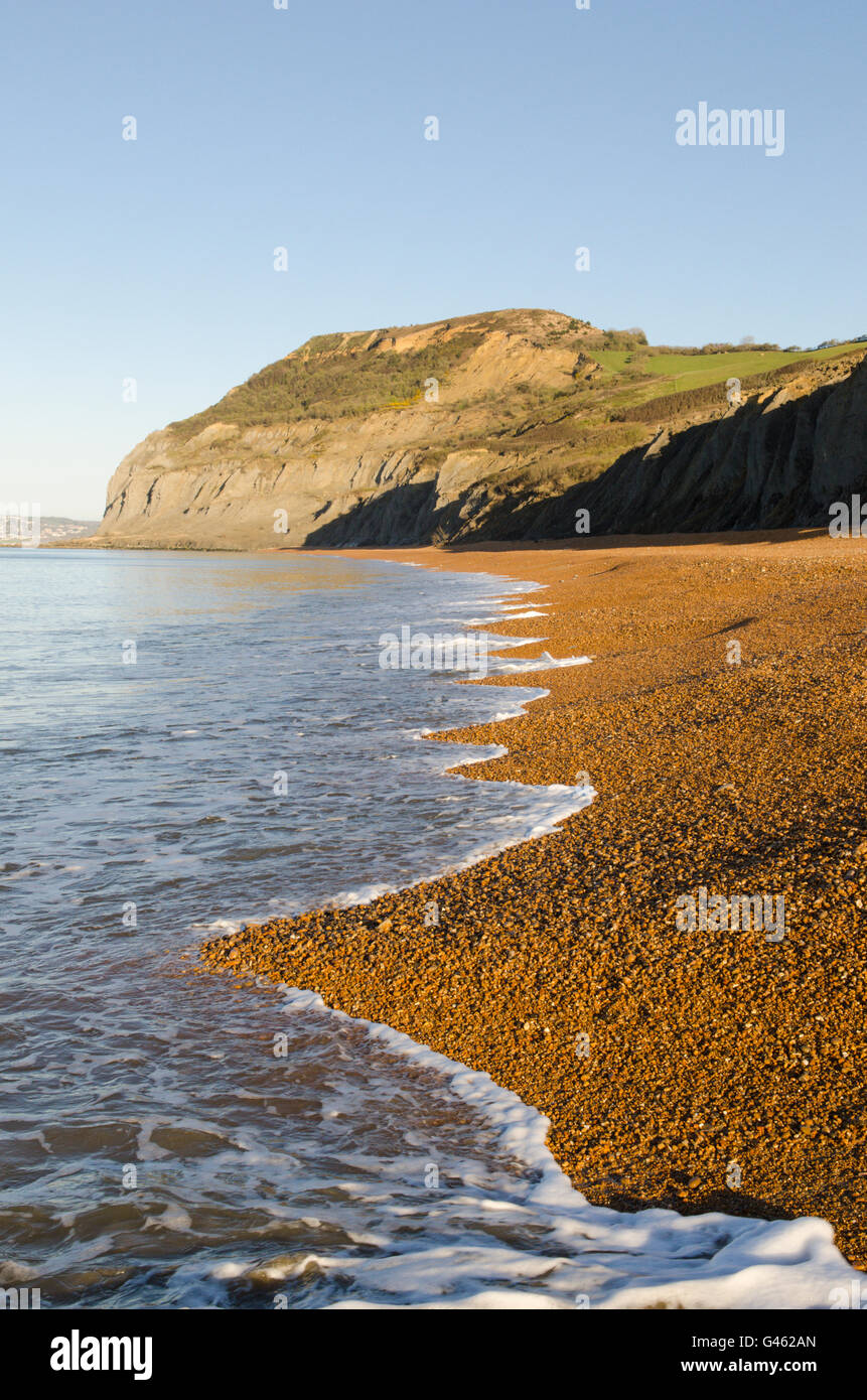 Golden Cap cliffs and hill seen from the beach at Seatown, Dorset, UK ...