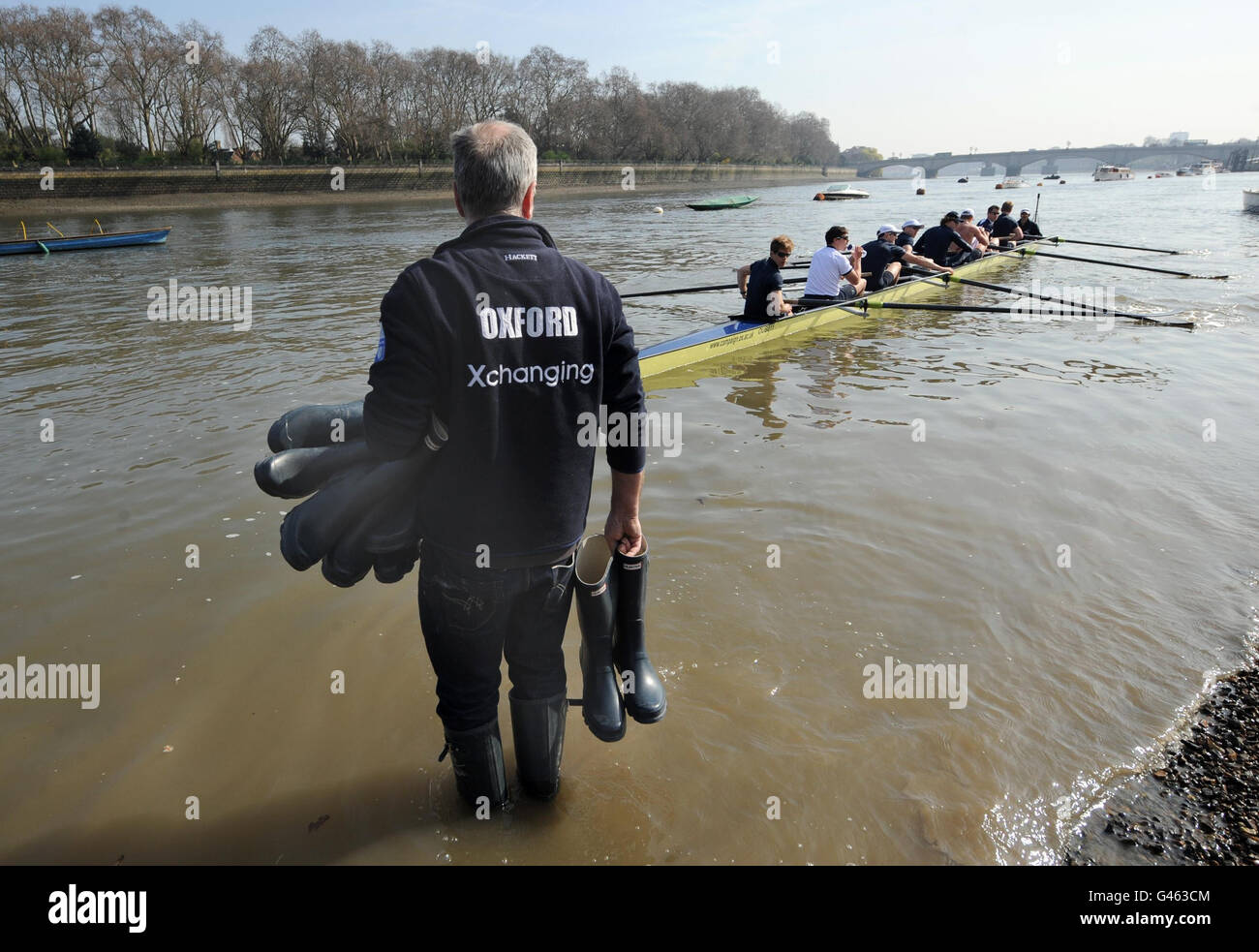 The Oxford boat race team return to the clubhouse following a practice ...