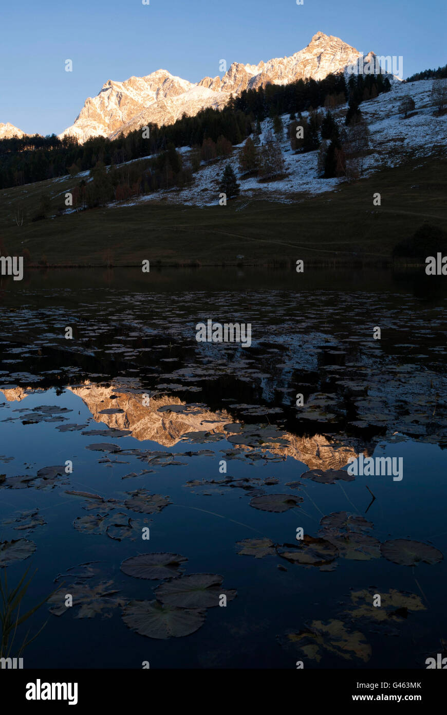 Alpenglow at sunset above lake Tarasp in the Swiss canton Graubunden ...