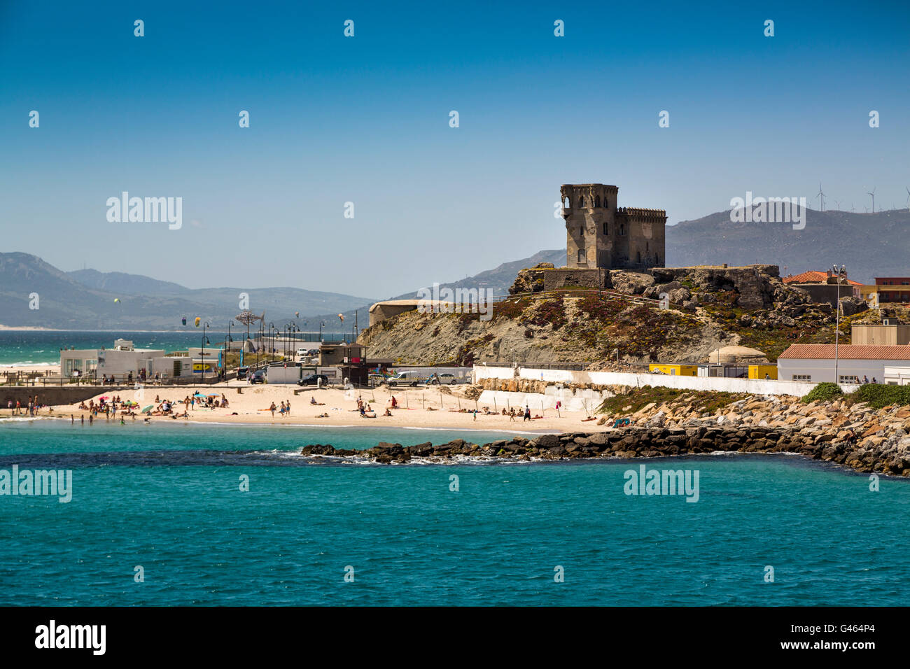 Watchtower and beach Tarifa, Costa de la Luz, Cadiz province, Andalusia ...